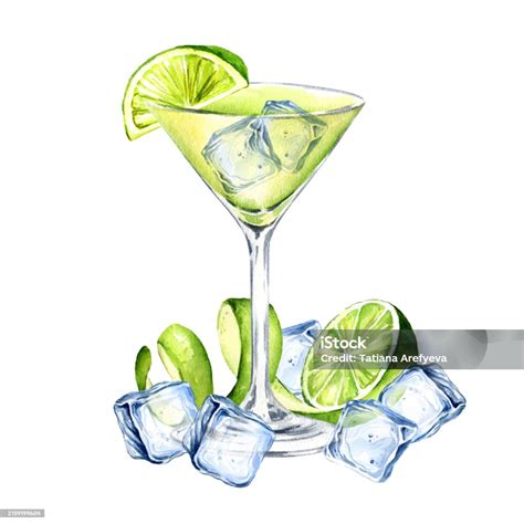 빨대 우산 얼음 조각 껍질을 벗긴 원시 라임 유리에 여름 상쾌한 음료의 수채화 손으로 그린 그림 차가운 열대 음료의 스케치와 칵테일 마가리타 마르가리타에 대한 스톡 벡터