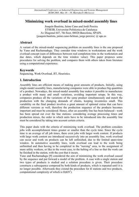 Pdf Minimizing Work Overload In Mixed Model Assembly Lines