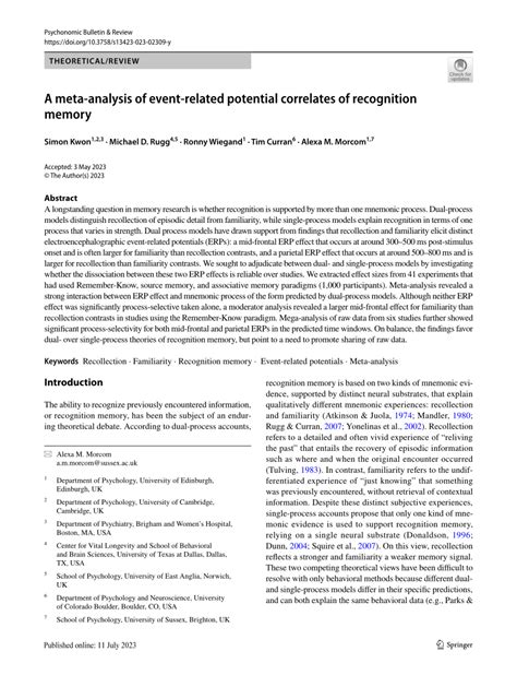 Pdf A Meta Analysis Of Event Related Potential Correlates Of Recognition ﻿memory