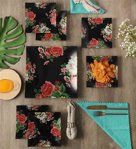 Buy Floral Glossy 7 Pcs Black And Red Glass Dinnerware Set At 56 Off By