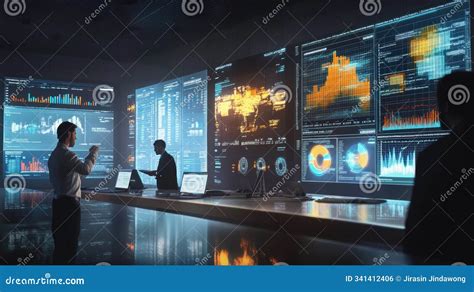 Modern High Tech Workspace With Digital Dashboards Stock Illustration
