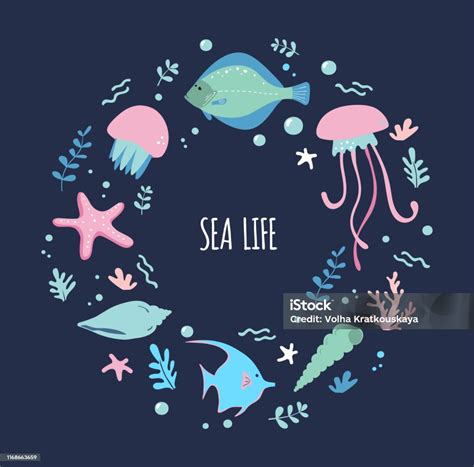 흰색 배경에 고립 된 바다 생물과 원 모양의 해양 개념 손으로 그리기 물고기 산호 껍질 해파리와 해초 바다를 테마로 한 디자인 요소 벡터 일러스트 Esp10 0명에 대한