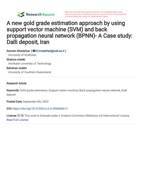 Pdf A New Gold Grade Estimation Approach By Using Support Vector Machine Svm And Back