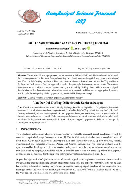 Pdf On The Synchronİzation Of Van Der Pol Duffing Oscillator