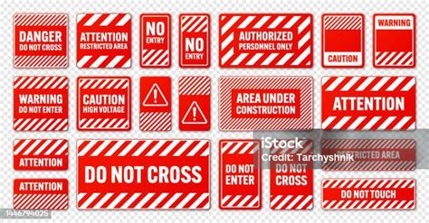 대각선이있는 다양한 흰색 및 빨간색 경고 표지판 주의 위험 또는주의 표지판 건설 현장 표지판 현실적인 통지 간판 경고 배너 도로 방패 벡터 그림 0명에 대한 스톡 벡터 아트