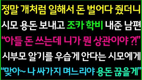 사이다사연정말 개처럼 일해서 돈 벌어다줬더니 시모 용돈 보내고 조카 학비 내준 남편 시부모 알기를 우습게 안다는 시모에게 용돈끊고 손절합니다드라마라디오사이다실화사연