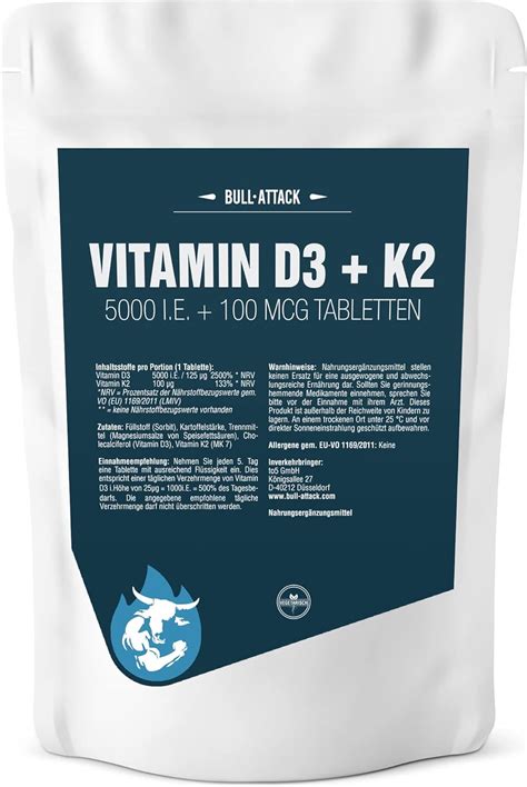 Vitamin D3 + K2 Tablets 5000 IU D3 / 100 µg K2 MK7-500 Pieces - Vegan ...