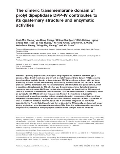 Pdf The Dimeric Transmembrane Domain Of Prolyl Dipeptidase Dpp Iv Contributes To Its