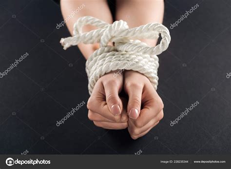 Cropped View Female Bound Hands Rope Isolated Black Free Stock Photo Vadimvasenin