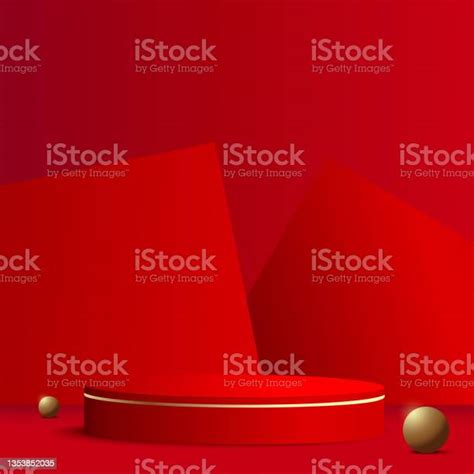 붉은 색 기하학적 3d 연단과 추상적 인 배경 벡터 일러스트레이션 0명에 대한 스톡 벡터 아트 및 기타 이미지 0명 3차원 형태 Fashion Show Istock