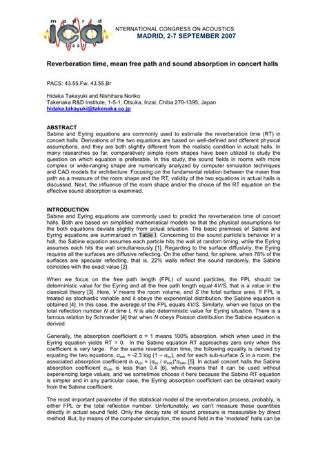 Pdf Reverberation Time Mean Free Path And Sound Absorption In