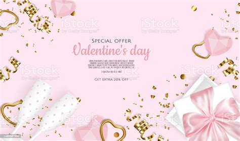 발렌타인 데이 디자인 샴페인 잔이 있는 현실적인 선물 상자 휴일 배너 웹 포스터 전단지 세련된 브로셔 인사말 카드 표지 낭만적 인 배경 3차원 형태에 대한 스톡 벡터 아트