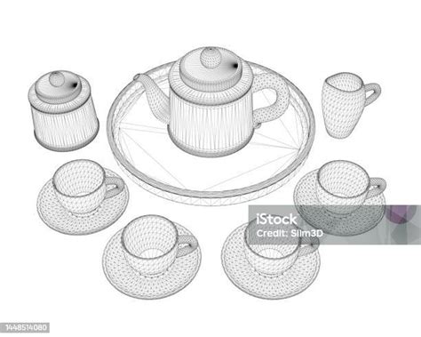 흰색 배경에 격리된 검은색 선에서 컵과 주전자가 있는 차 세트 와이어프레임 정면도 3d 벡터 그림입니다 와이어 프레임 모델에