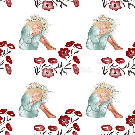 Watercolor Seamless Pattern Ivan Kupala Holiday Festival Stock