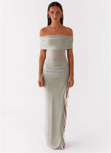 Nelly Off Shoulder Maxi Dress Pistachio Peppermayo