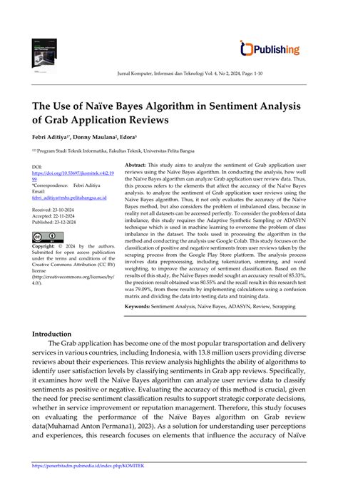 Pdf The Use Of Naïve Bayes Algorithm In Sentiment Analysis Of Grab Application Reviews
