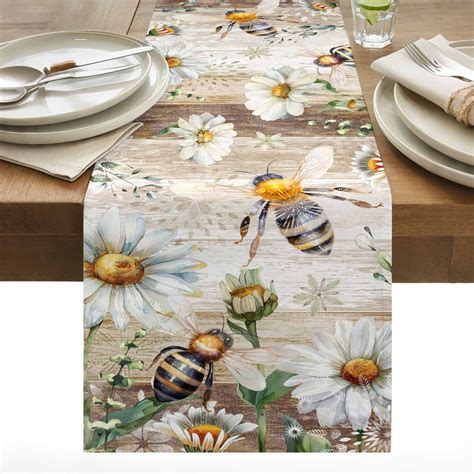 Retro Farmhouse Table Runner 13x36 Inch Flower Plant Daisy Bee Brown