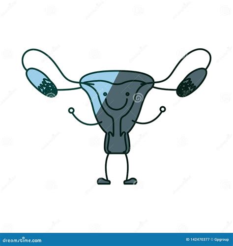 Blue Color Shading Hand Drawing Contour Caricature Female Reproductive System Stock Vector