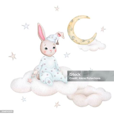 귀여운 작은 토끼가 구름 위에 앉아 있습니다 소년 어린이용 일러스트입니다 손으로 그린 수채화입니다 베이비 샤워 생일 어린이 파티 인쇄 초대장 포스터 인사말 카드 엽서에 대