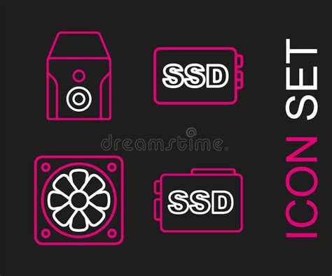 Set Line Ssd Card Computer Cooler And Uninterruptible Power Supply Icon Vector Stock