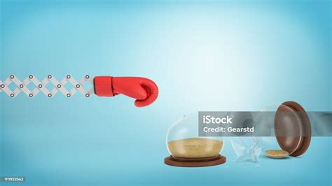 파란색 배경에 깨진된 모래 시계 근처 팔 확장 금속에 빨간 권투 글러브의 3d 렌더링 권투 글러브에 대한 스톡 사진 및 기타 이미지 권투 글러브 3차원 형태 깨짐