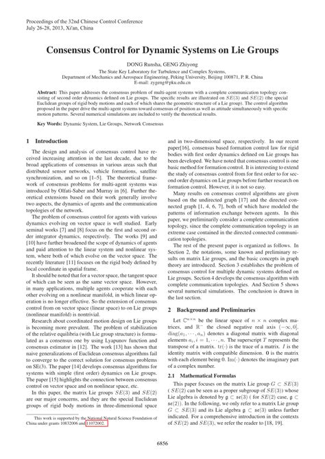 Pdf Consensus Control For Dynamic Systems On Lie Groups