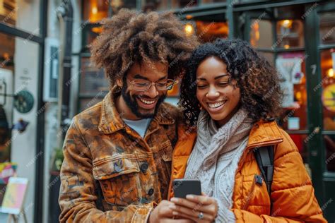 Man And Woman Looking At Cell Phone Premium Ai Generated Image