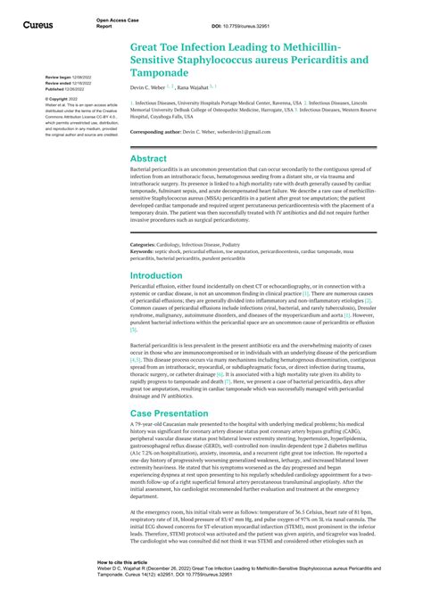 Pdf Great Toe Infection Leading To Methicillin Sensitive Staphylococcus Aureus Pericarditis