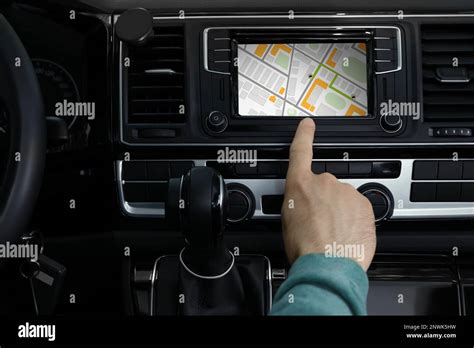 Man Using Navigation System While Driving Car Closeup Stock Photo Alamy