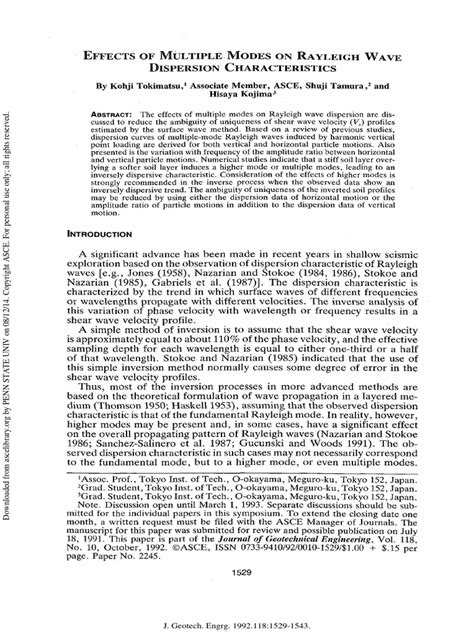 1992 Effects Of Multiple Modes On Rayleigh Wave Dispersion Characteristics Tokimatsu Et Al