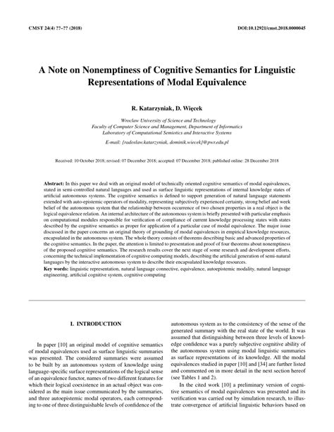 Pdf A Note On Nonemptiness Of Cognitive Semantics For Linguistic