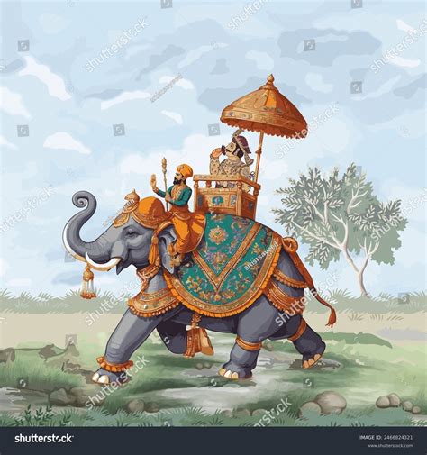 Mughal Emperor Riding Adorned Elephant Indian Stock Illustration