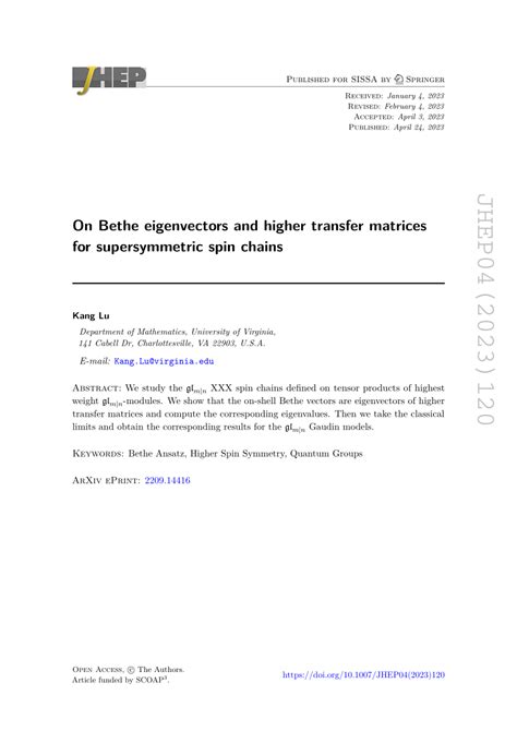 Pdf On Bethe Eigenvectors And Higher Transfer Matrices For Supersymmetric Spin Chains