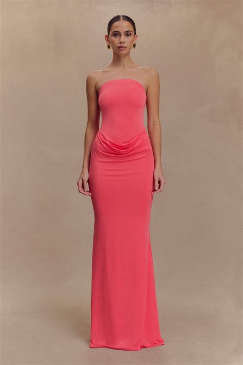 Madison Strapless Slinky Maxi Dress Coral And Meshki Us
