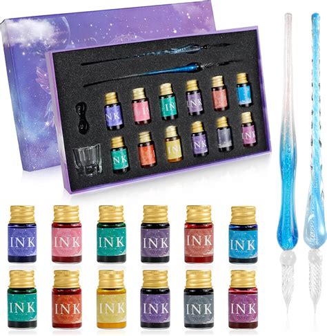 Tpbsitns 16pcs Glass Dip Pen Ink Set 2 Calligraphy Crystal Dip Pens