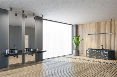 검은 욕조와 식물이 있는 목재 욕실 거울과 창문이 있는 싱크대 0명에 대한 스톡 사진 및 기타 이미지 0명 3차원 형태