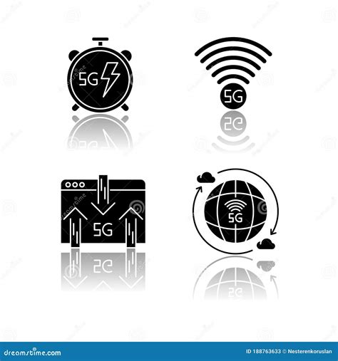 5g Wireless Technology Drop Shadow Black Glyph Icons Set Fast Speed Low Latency Connection