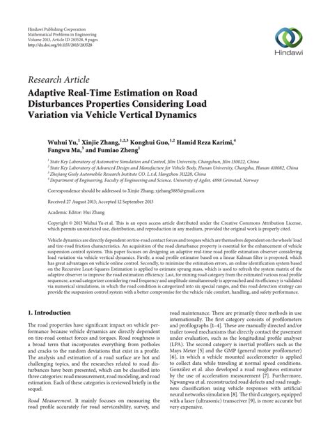 Pdf Adaptive Real Time Estimation On Road Disturbances Properties Considering Load Variation