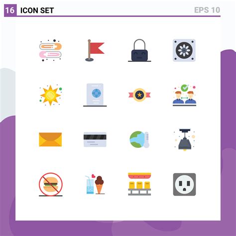 Universal Icon Symbols Group Of 16 Modern Flat Colors Of Holiday Sun Lock Light Fan Editable