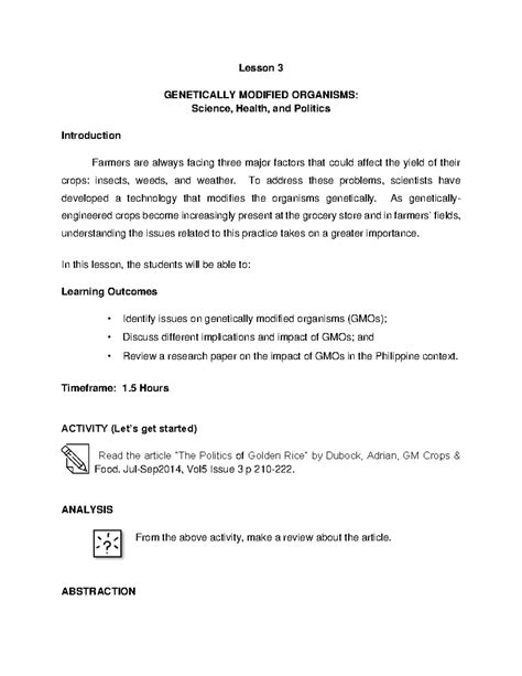 Module 3 Lesson 3 The Gmo Lesson 3 Genetically Modified Organisms Science Health And