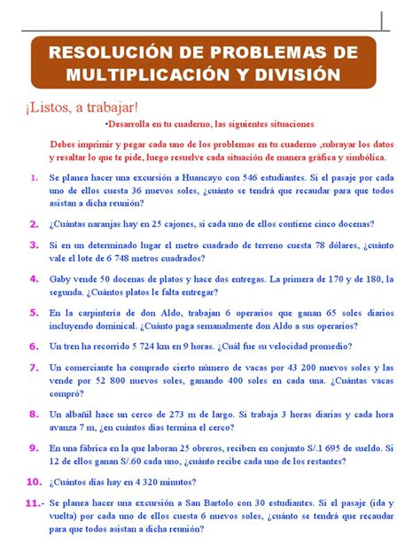 Problemas De Multiplicación Y División Para Resolver Quinto Grado De