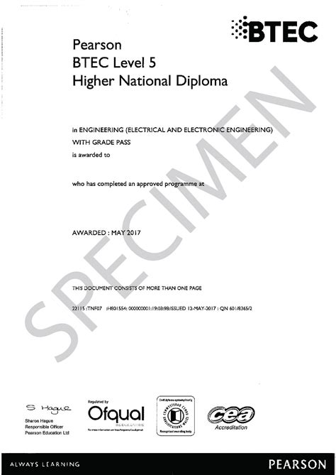 pearson btec level 5 higher national diploma in engineering electrical