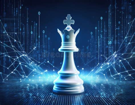 white chess king with blurred binary data and computer network on dark