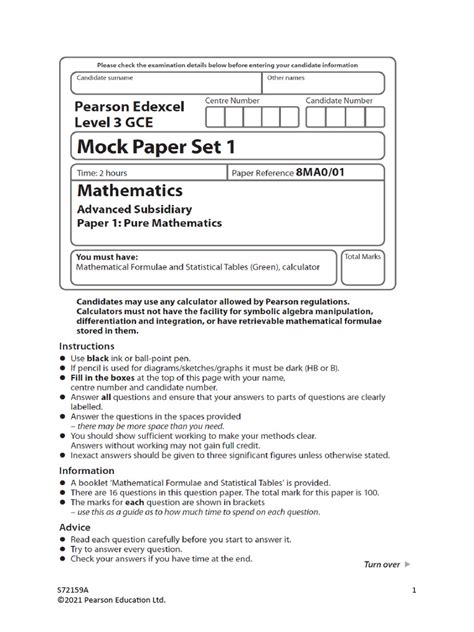 8ma0 01 As Maths Mock Set 1 Word Pdf Equations Cartesian
