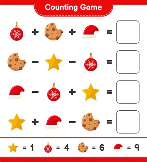 게임을 세고 크리스마스 장식의 수를 세고 결과를 씁니다 교육용 어린이 게임 프리미엄 벡터