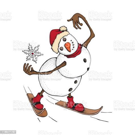 재미 눈사람 스키 귀여운 겨울 휴가입니다 모자와 니트 스카프의 캐릭터가 눈송이를 잡습니다 흰색 배경에 격리 된 손으로 그린 낙서 그림입니다 메리 크리스마스와 새해 복 설