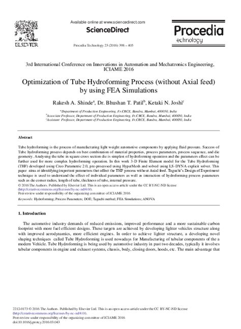 Pdf Optimization Of Tube Hydroforming Process Without Axial Feed By Using Fea Simulations