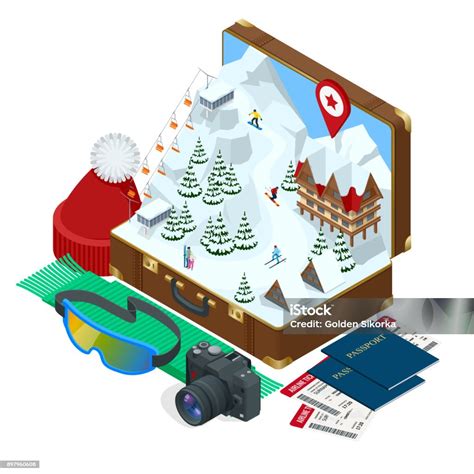 스키장 슬로프 스키 리프트에 사람들 흰 눈 소나무와 호텔 피스트에 스키어 겨울 휴가 웹 배너 디자인 벡터 분해 그림입니다 겨울에 대한 스톡 벡터 아트 및 기타 이미지