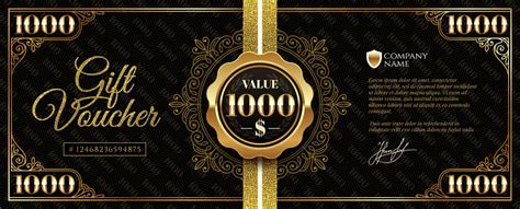 반짝이 골드 고급 요소와 선물 바우처 템플릿입니다 기프트 바우처 는 기요쉐 디자인 요소로 1000 달러입니다 벡터 그림입니다 1000 달러 지폐에 대한 스톡 벡터 아트 및