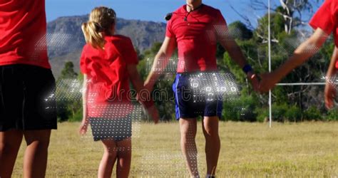 Animation Of Binary Codes Over Diverse Coach Guiding Players In Doing Warm Up Exercise At Ground